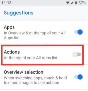 How to enable or disable app actions android 9 Pie