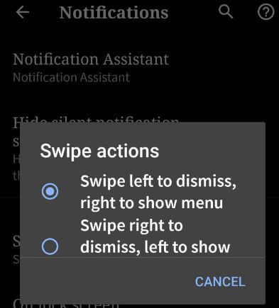 Android Q Beta 2 notification swipe direction settings
